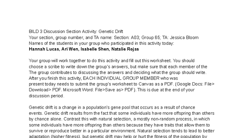 BILD 3 Discussion Section Activity: Exploring Genetic Drift Effects ...