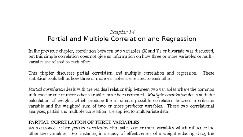 Chapter 14: Partial & Multiple Correlation and Regression Analysis ...