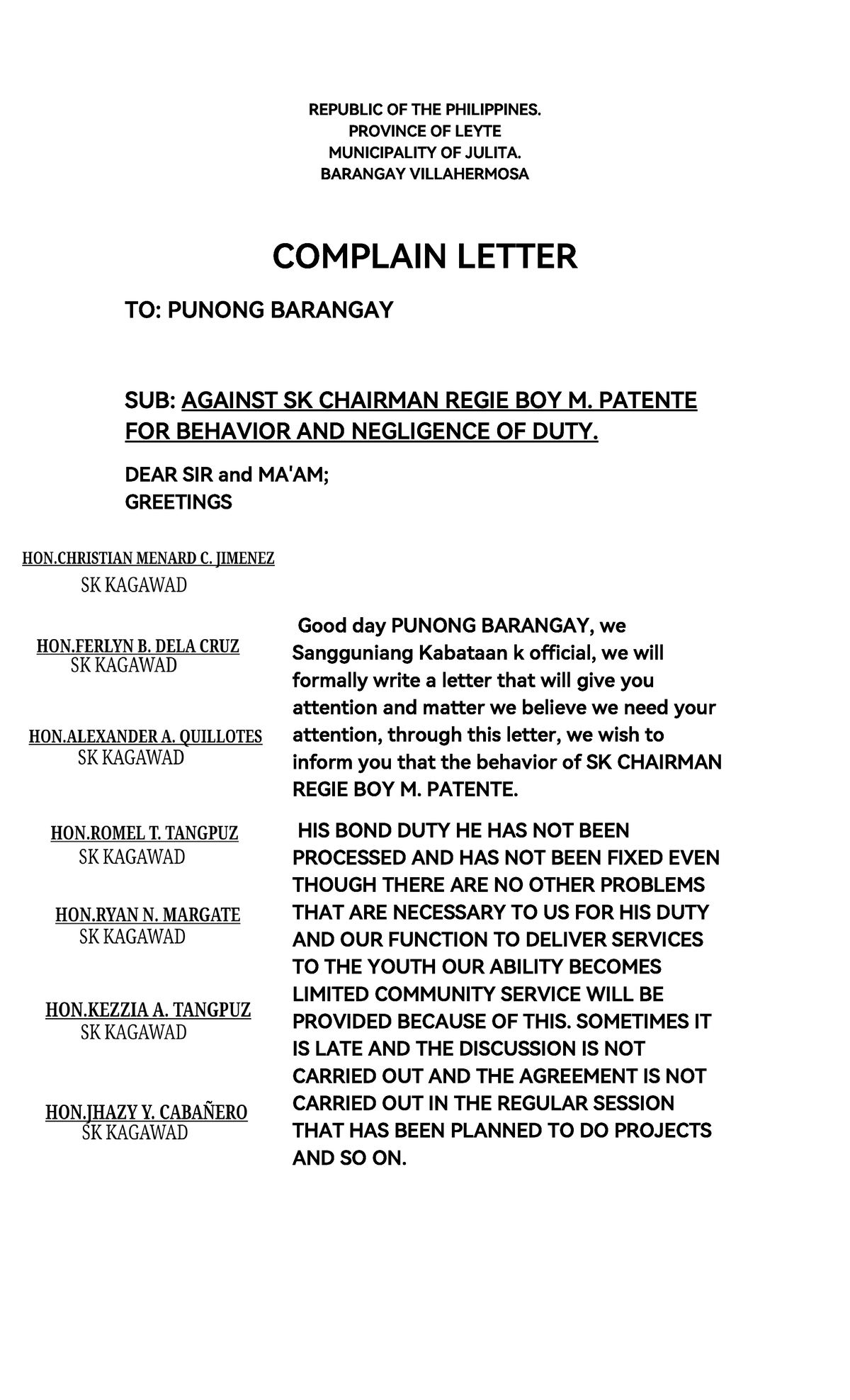 SK Chairman Complaint Letter on Governance - Leyte Community Issues ...