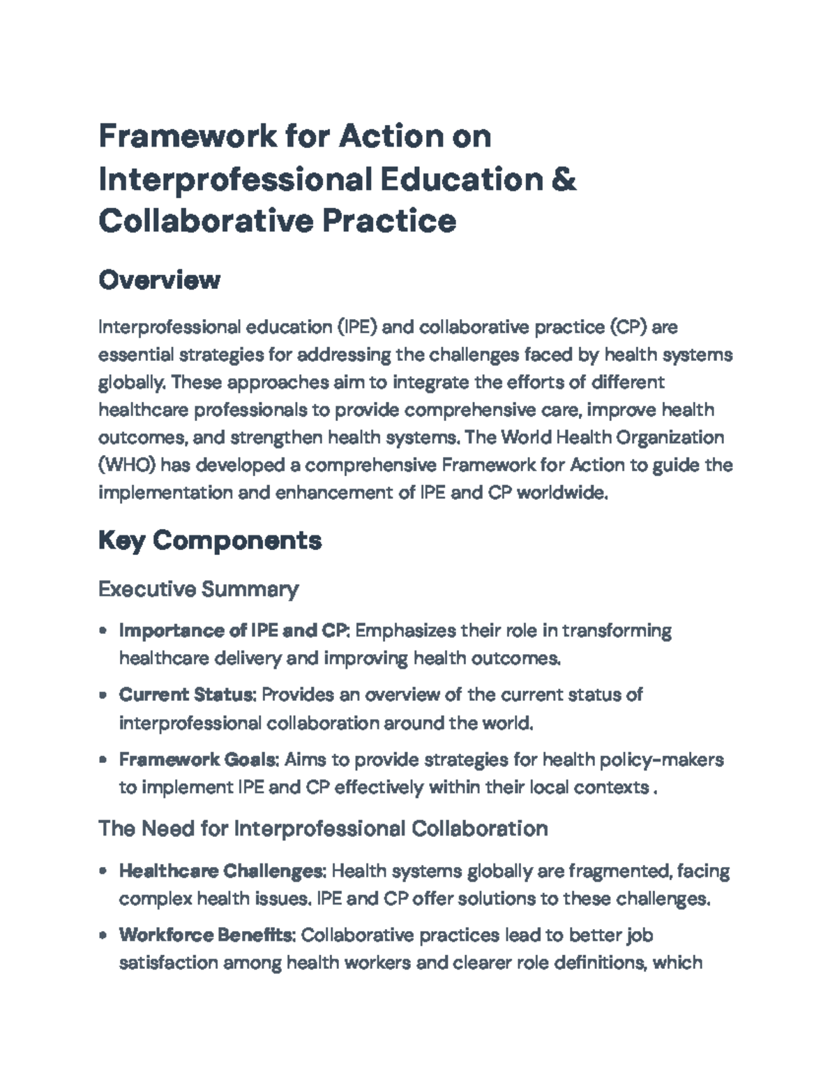 WHO Framework for Action on IPE & CP: Strategies for Healthcare ...