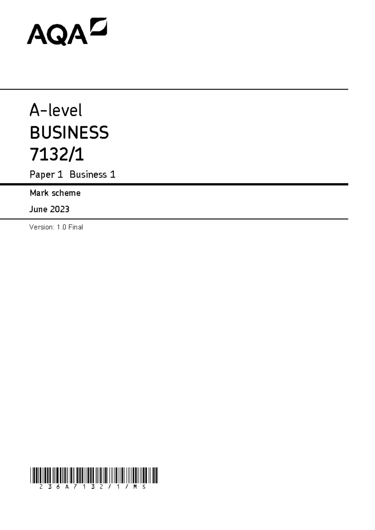 AQA-7132-1-Final Mark Scheme - Business 1 June 2023 Version 1.0 - Studocu