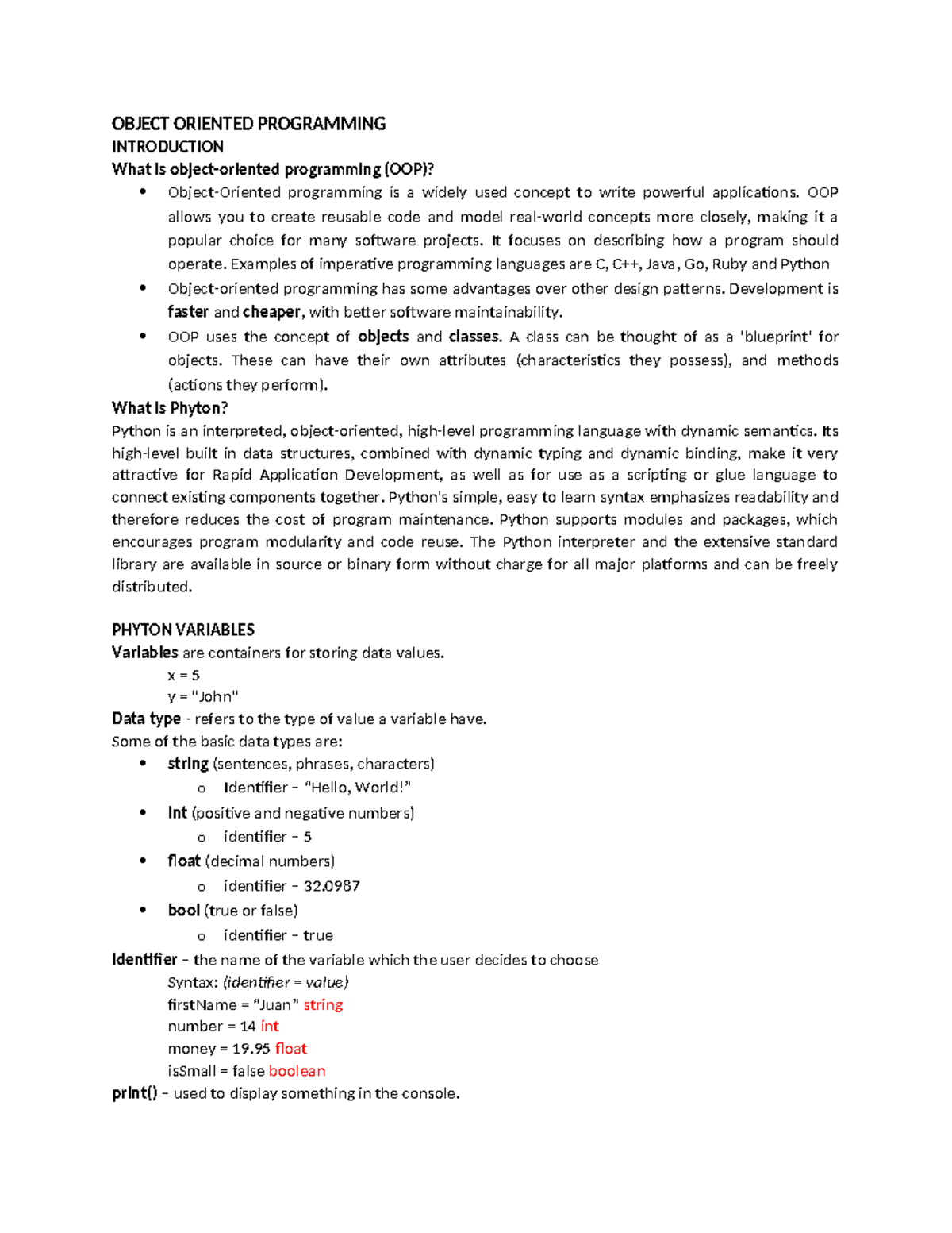 Module 1 - Object-Oriented Programming (OOP) Overview and Python Basics - Studocu