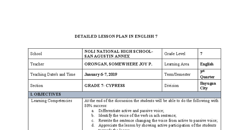 Detailed Lesson Plan in English 7: Active and Passive Voice - Studocu