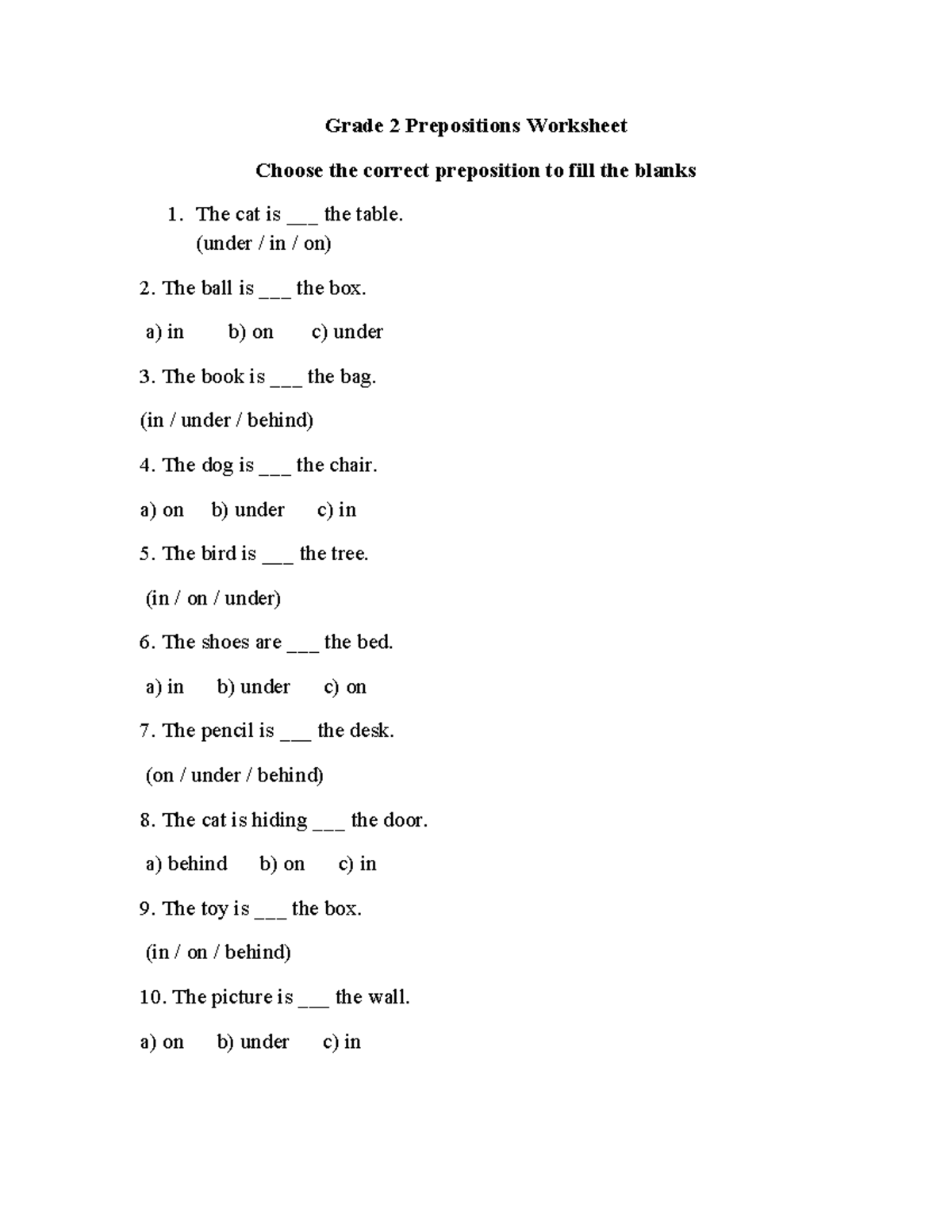 Grade 2 Prepositions Worksheet: Fill in the Blanks Exercise - Studocu