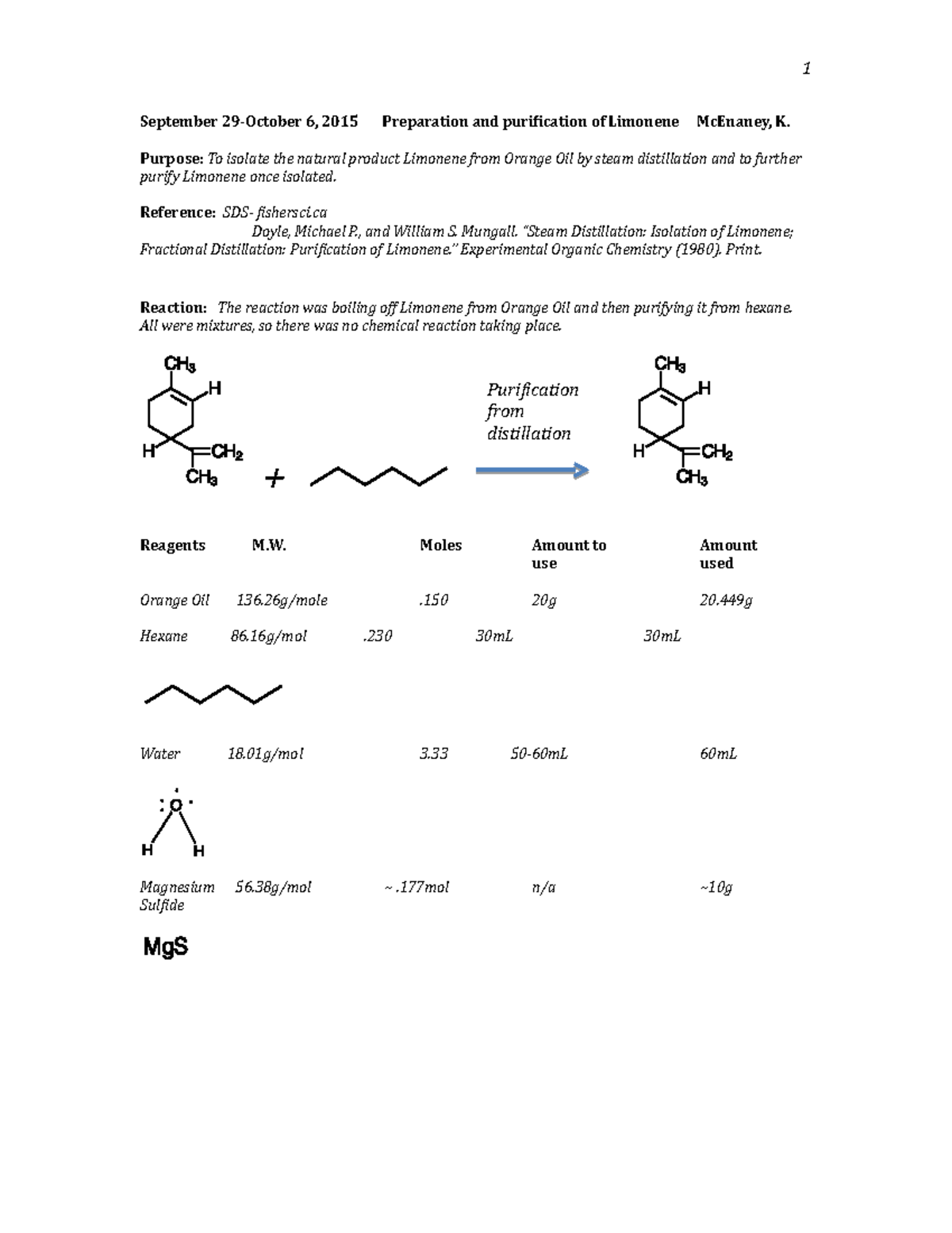 Isolation and Purification of Limonene: Post Lab Report (Chem 101 ...
