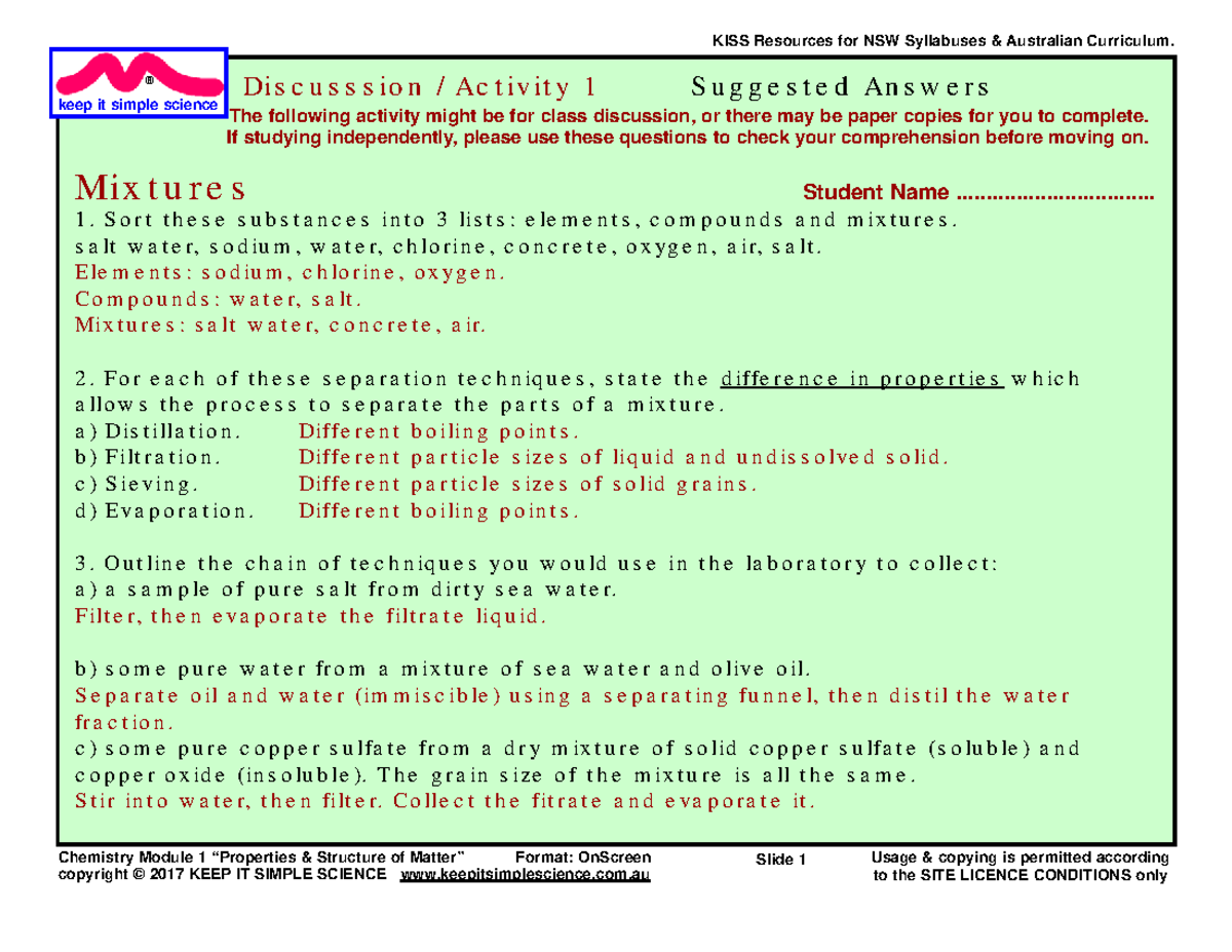 KISS Chemistry Module 1 Activity Answers for NSW Syllabus - Studocu