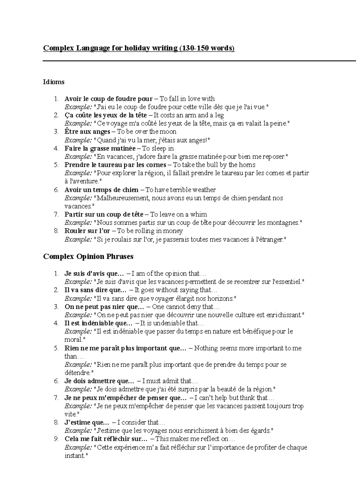 French Writing Tips for Holiday Contexts: Idioms & Expressions - Studocu