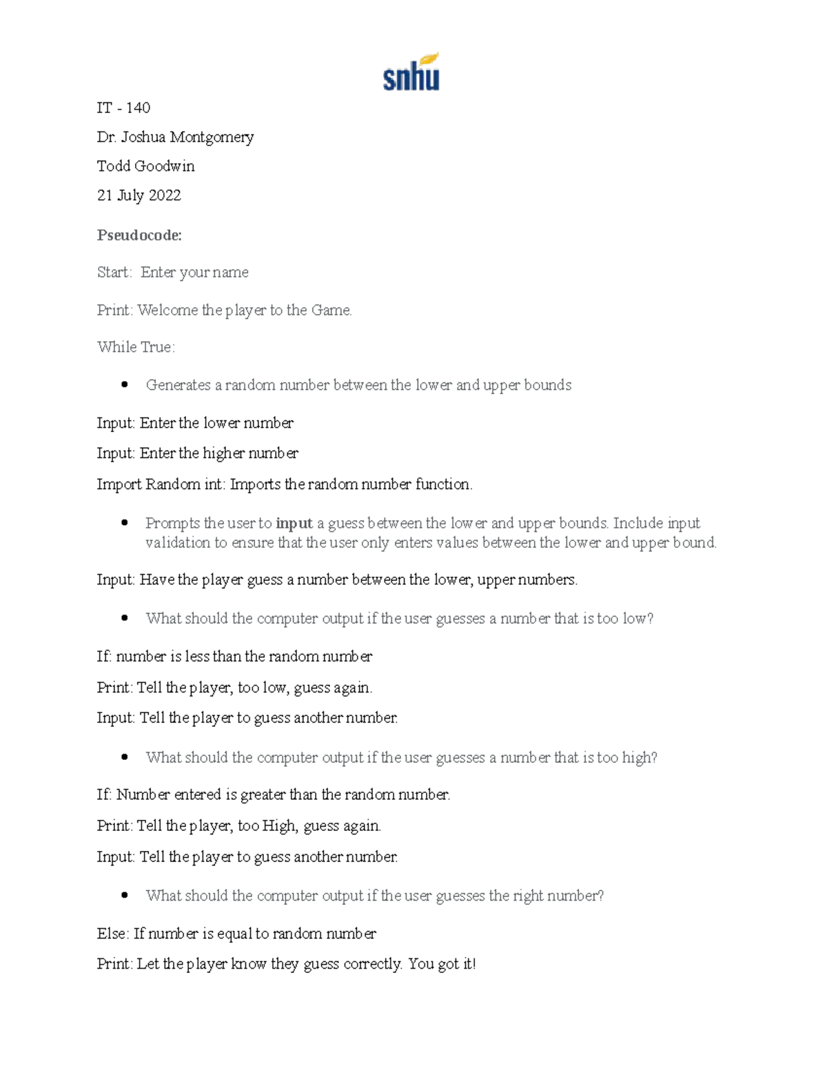IT-140 Assignment 4-3: Pseudocode for Number Guessing Game - Studocu