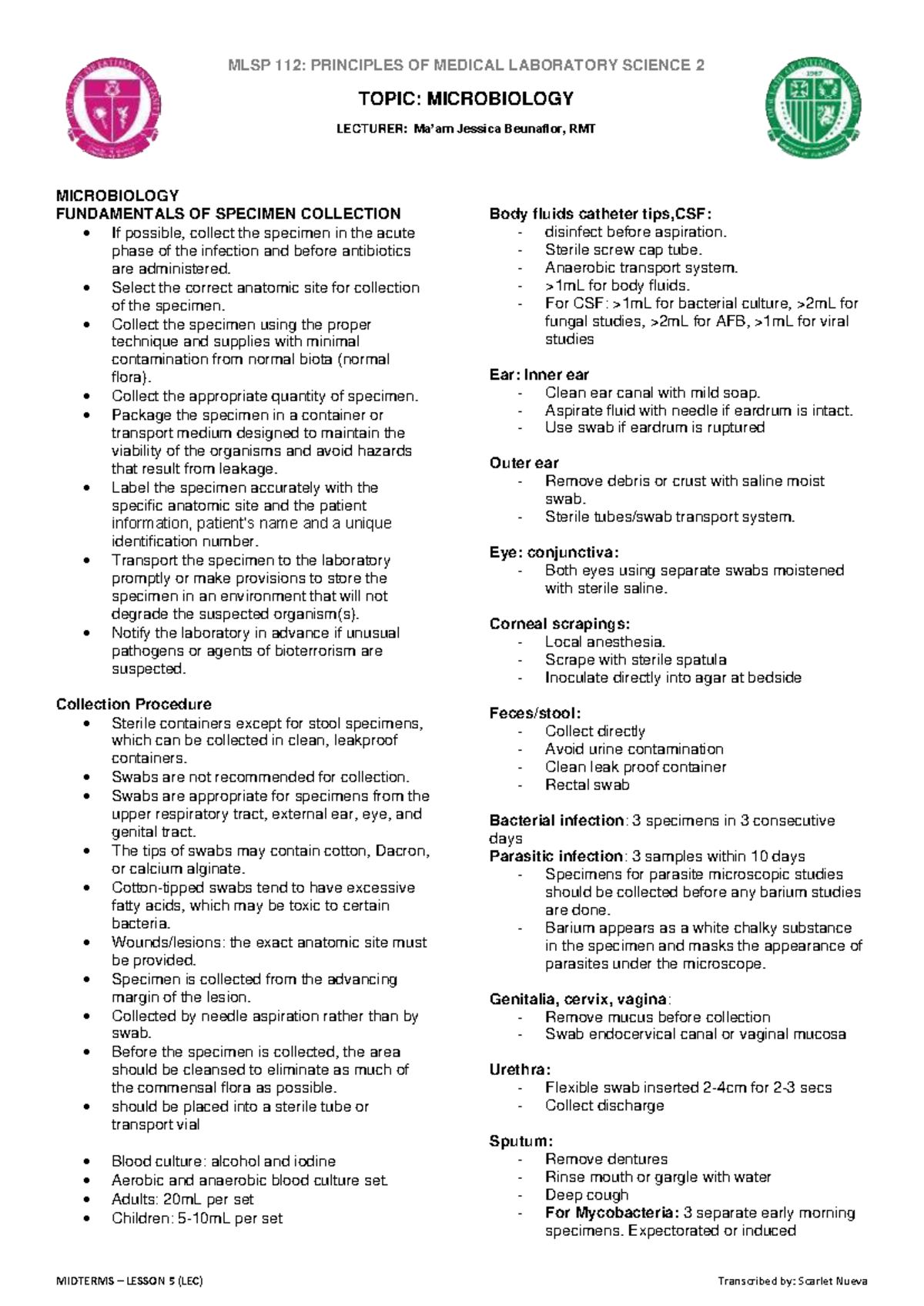 MLSP - Microbiology - MLSP FINALS LECTURE MATERIAL - MLSP 112: PRINCIPLES OF MEDICAL LABORATORY ...