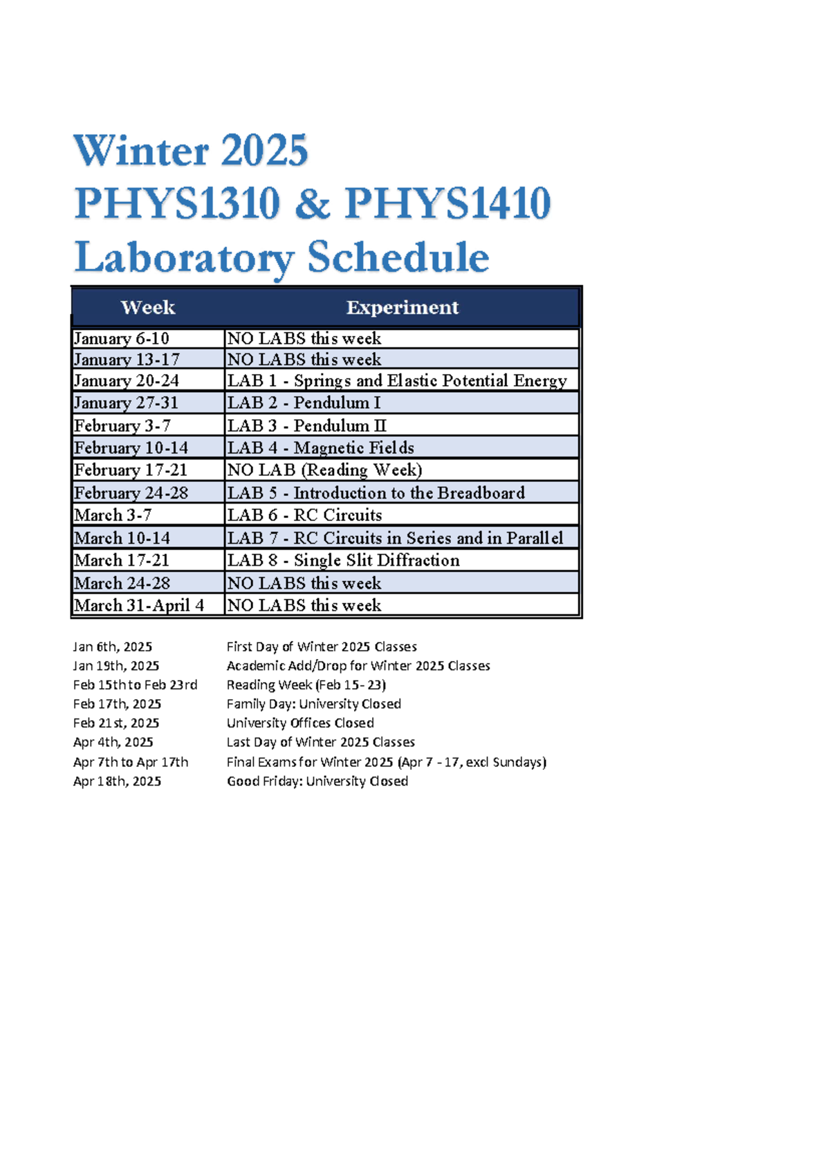 2025W - PHYS1310 Lab Schedule: Weeks 1-12 and Important Dates - Studocu