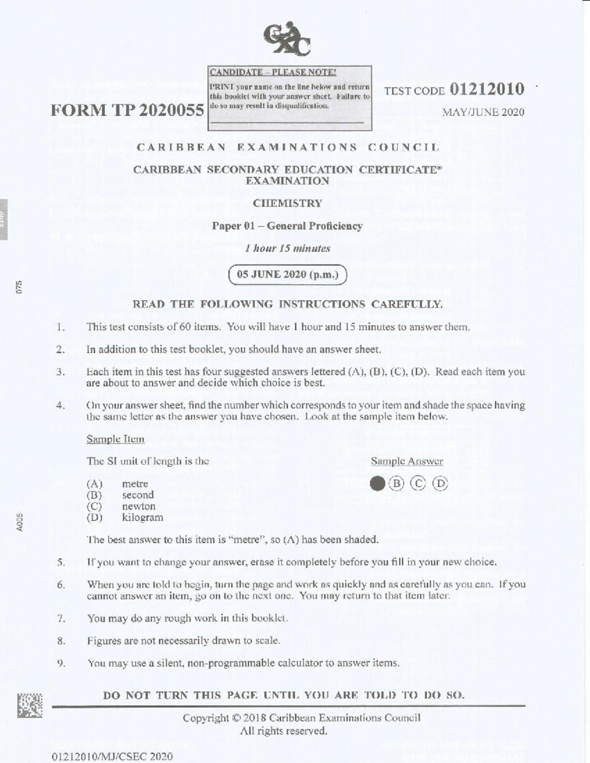 CSEC Chemistry Paper 01 General Proficiency Exam 2020 - Studocu