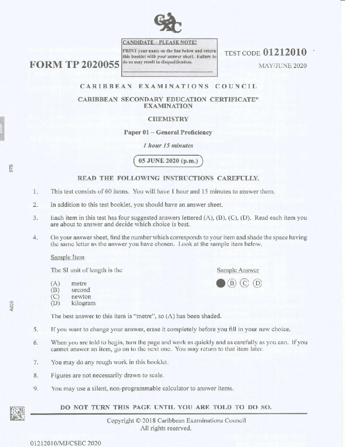 CSEC Chemistry Exam Paper 01 General Proficiency - May/June 2021 - Studocu