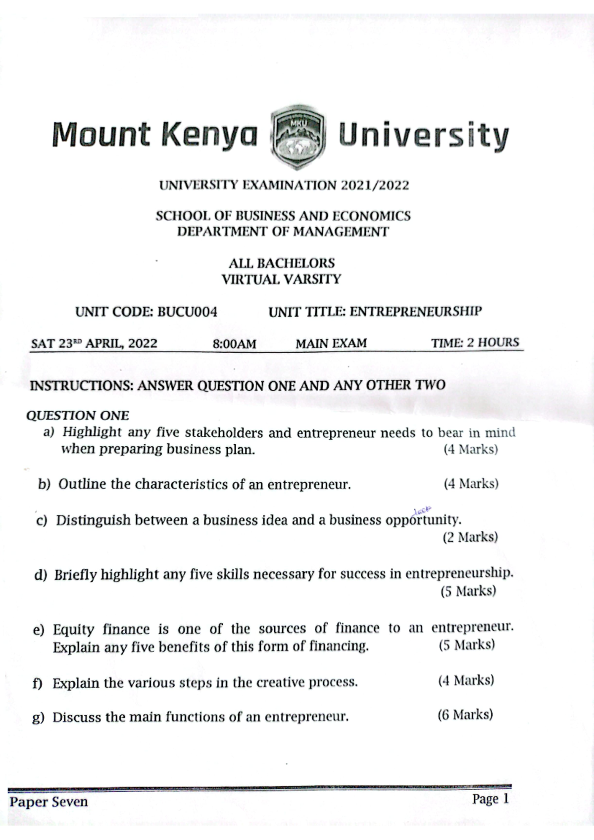 Mku Entrepreneurship Past Paper Review and Analysis - Studocu