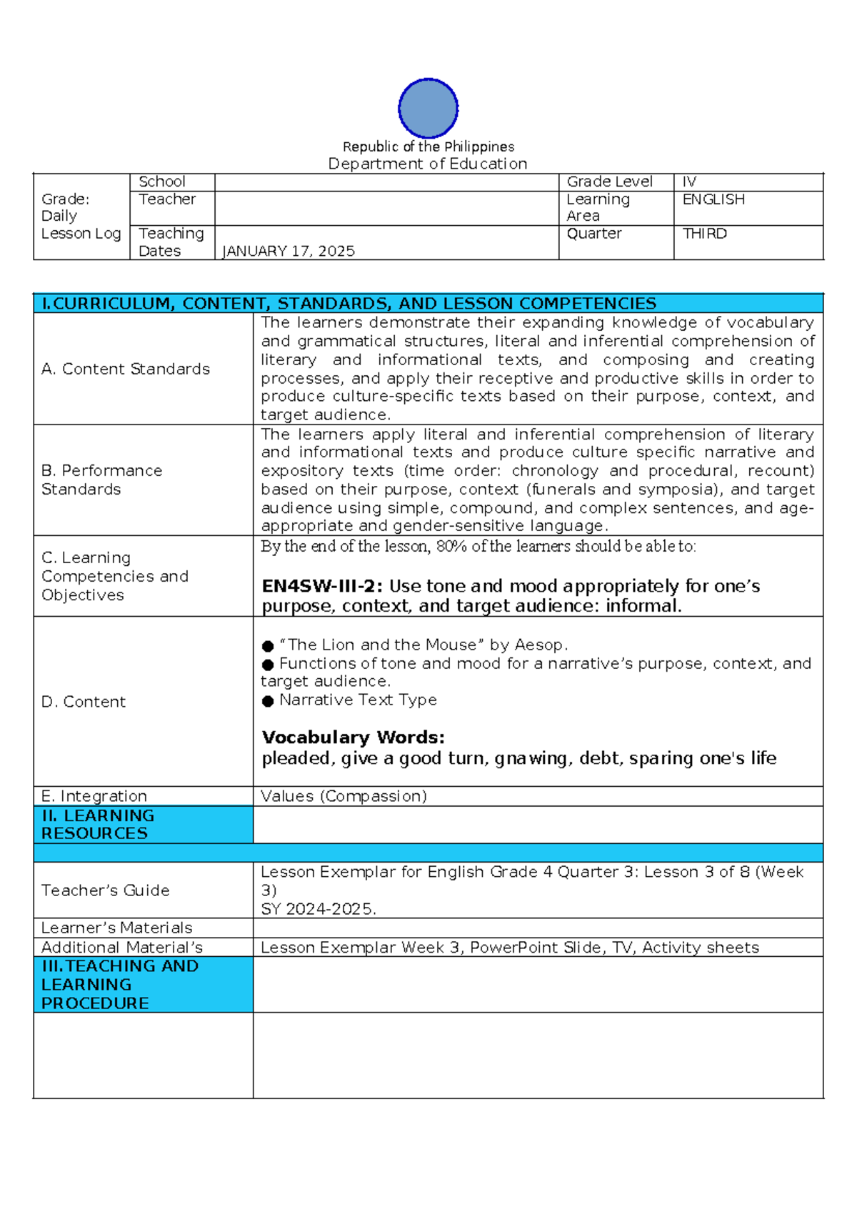 English 4 Lesson Plan: Week 3 - Tone and Mood Activities - Studocu