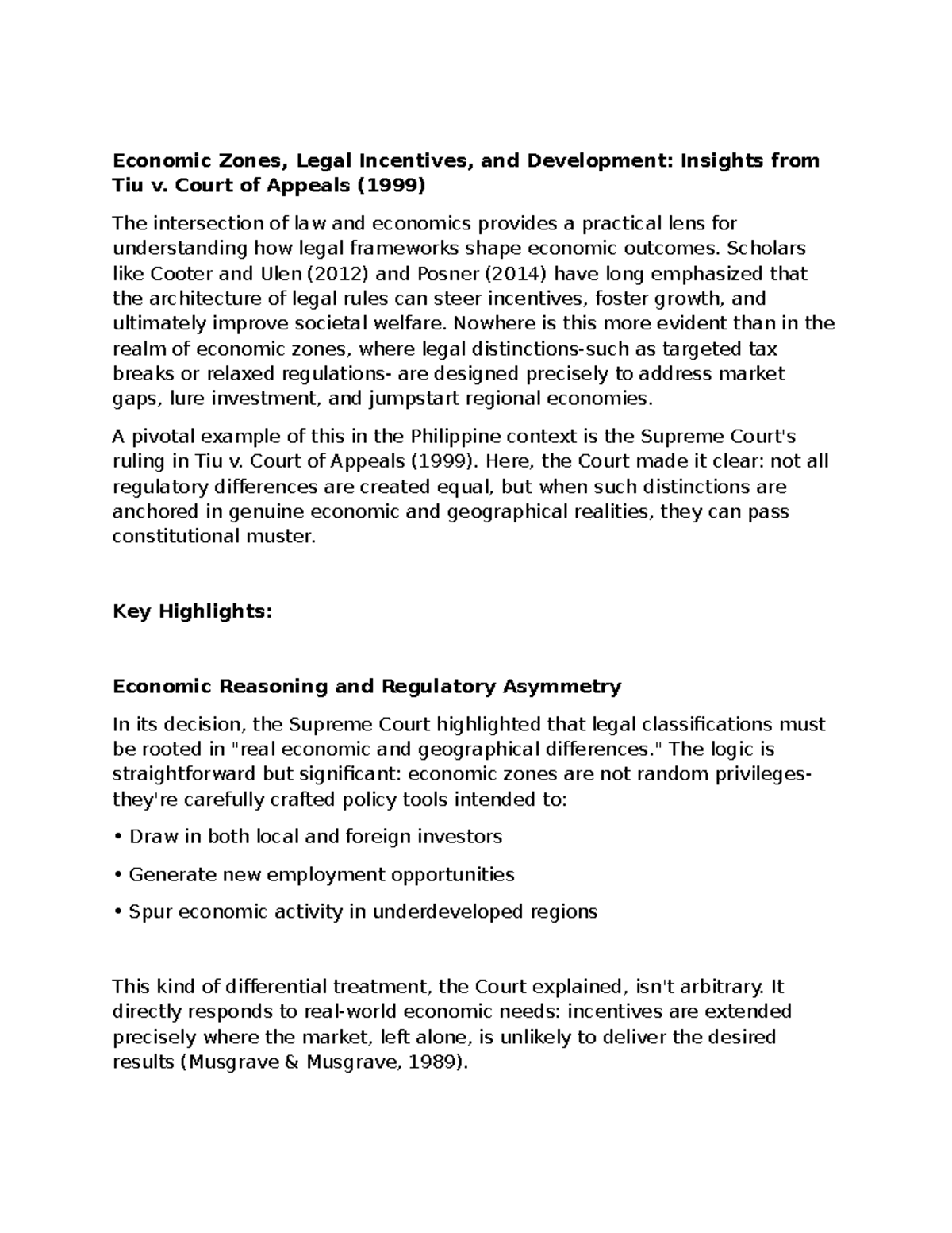 Economic Zones and Legal Incentives: Insights from Tiu v. Court of ...