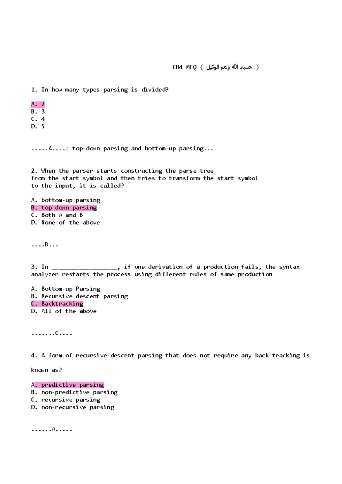 CH4 MCQ Practice Questions and Answers for Compiler Design - Studocu