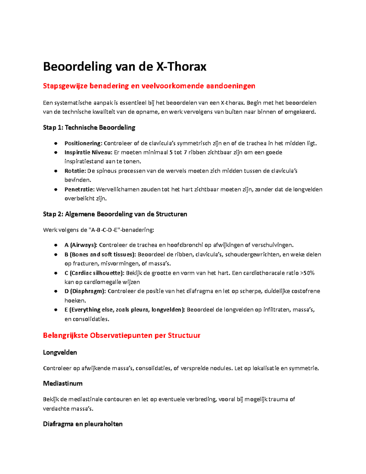 Beoordeling van de X-Thorax: Stapsgewijze Aanpak en Aandoeningen - Studocu