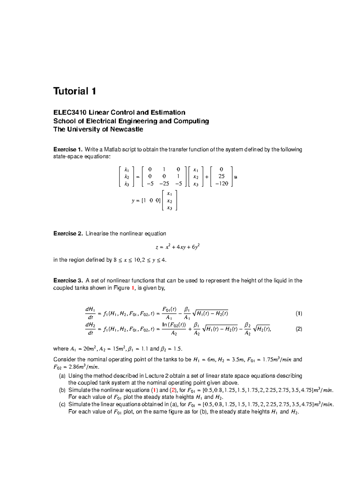 ELEC3410 Linear Control and Estimation: Tutorial 1 Problems & Solutions - Studocu
