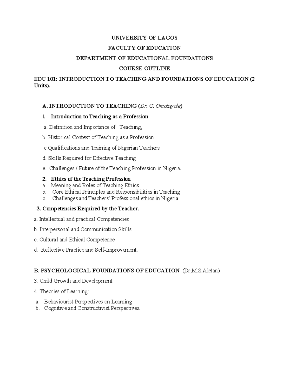EDU 101 Course Outline: Intro to Teaching & Foundations of Education ...