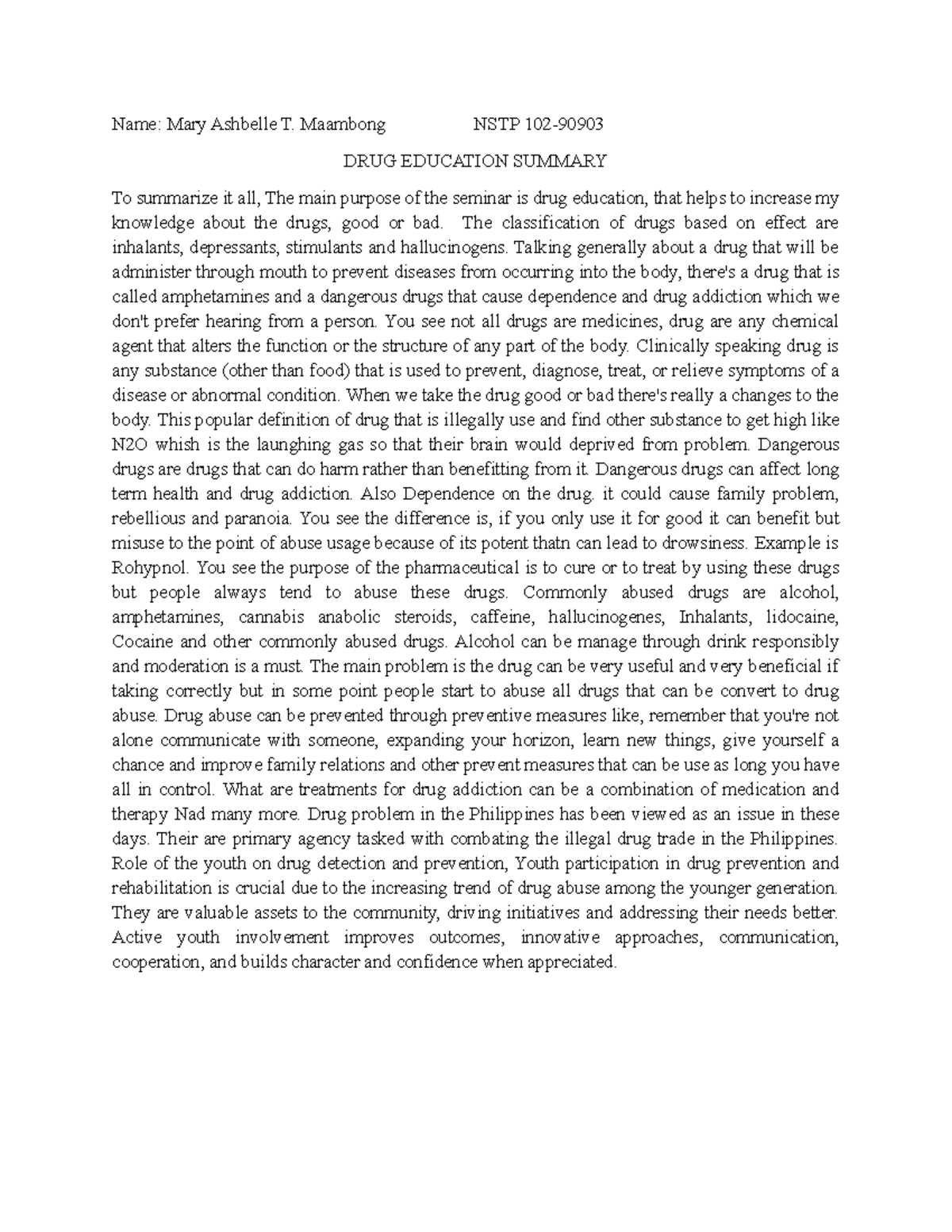 NSTP 102 - Drug Education Summary and Key Insights - Studocu