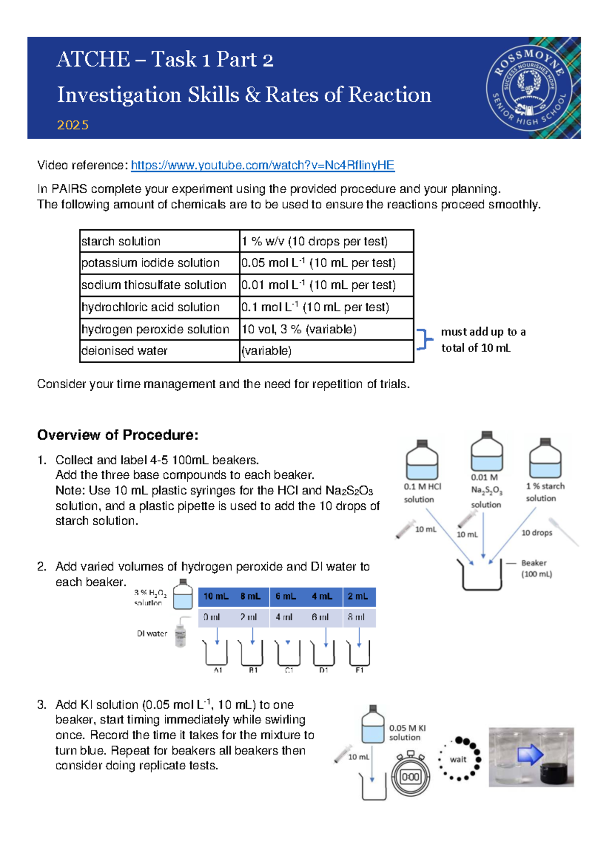 ATCHE Task 1 Part 2: Rates of Reaction Experiment Sheet 2025 - Studocu