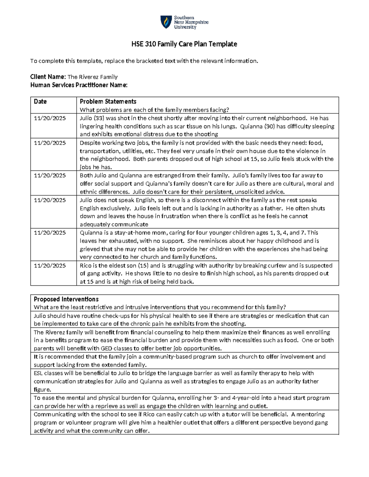 HSE 310 Module 4-1 Family Care Plan Template and Strategies - Studocu