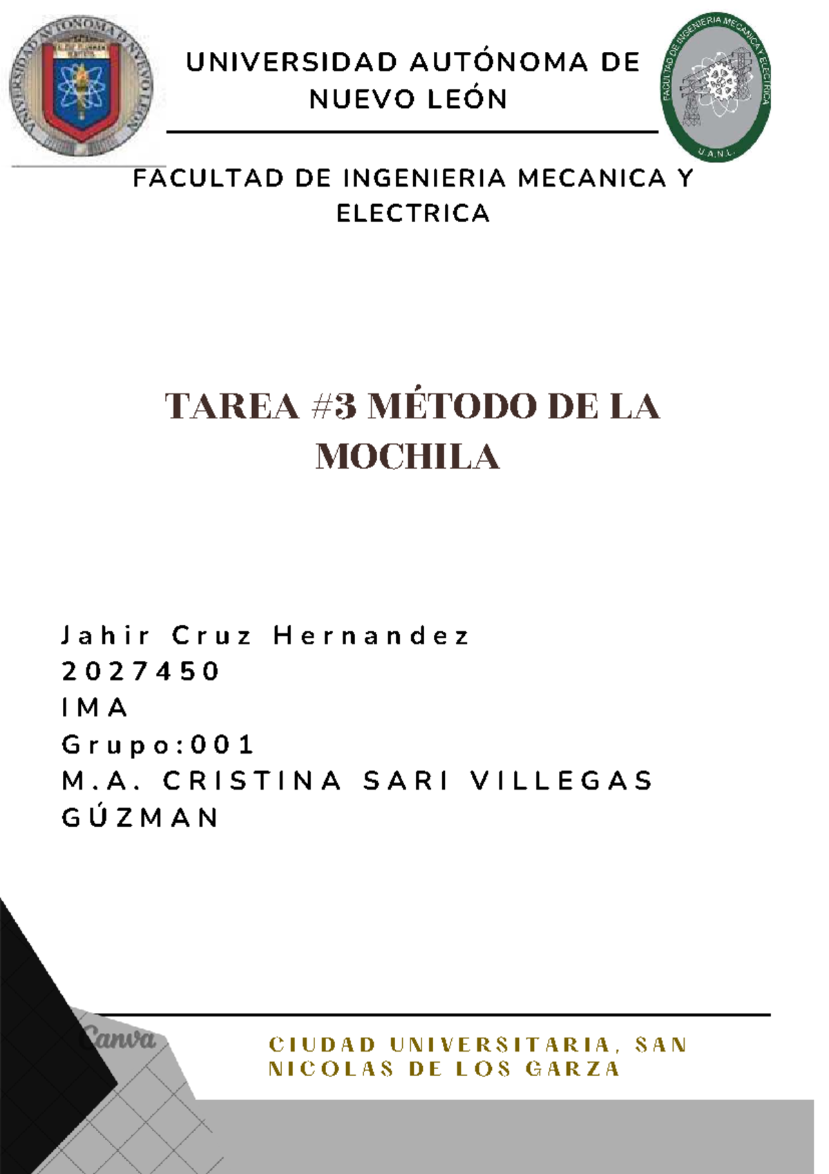 Tarea 3: Método de la Mochila - IMA 2027450 - Studocu