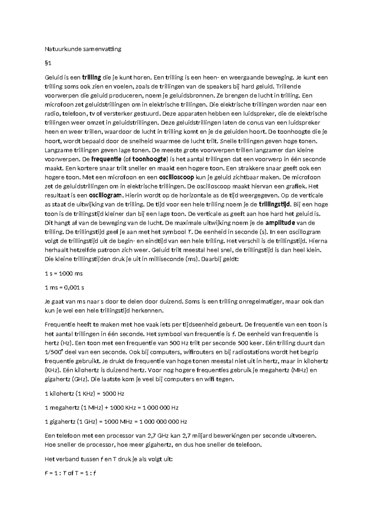 Natuurkunde samenvatting: Geluid, Frequentie en Trillingen - Studeersnel