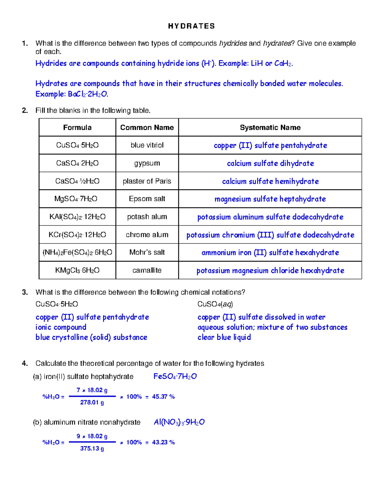 Hydrates Problems & Answers Key for Chemistry Study Guide - Studocu