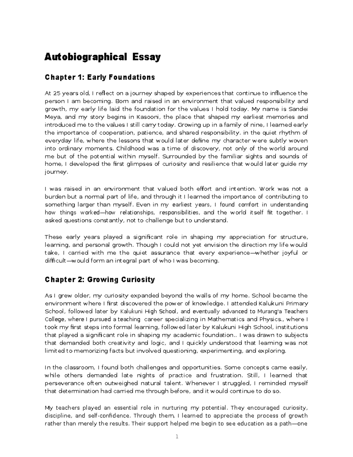 Autobiographical Essay: Chapter 1 - Early Foundations and Growth - Studocu