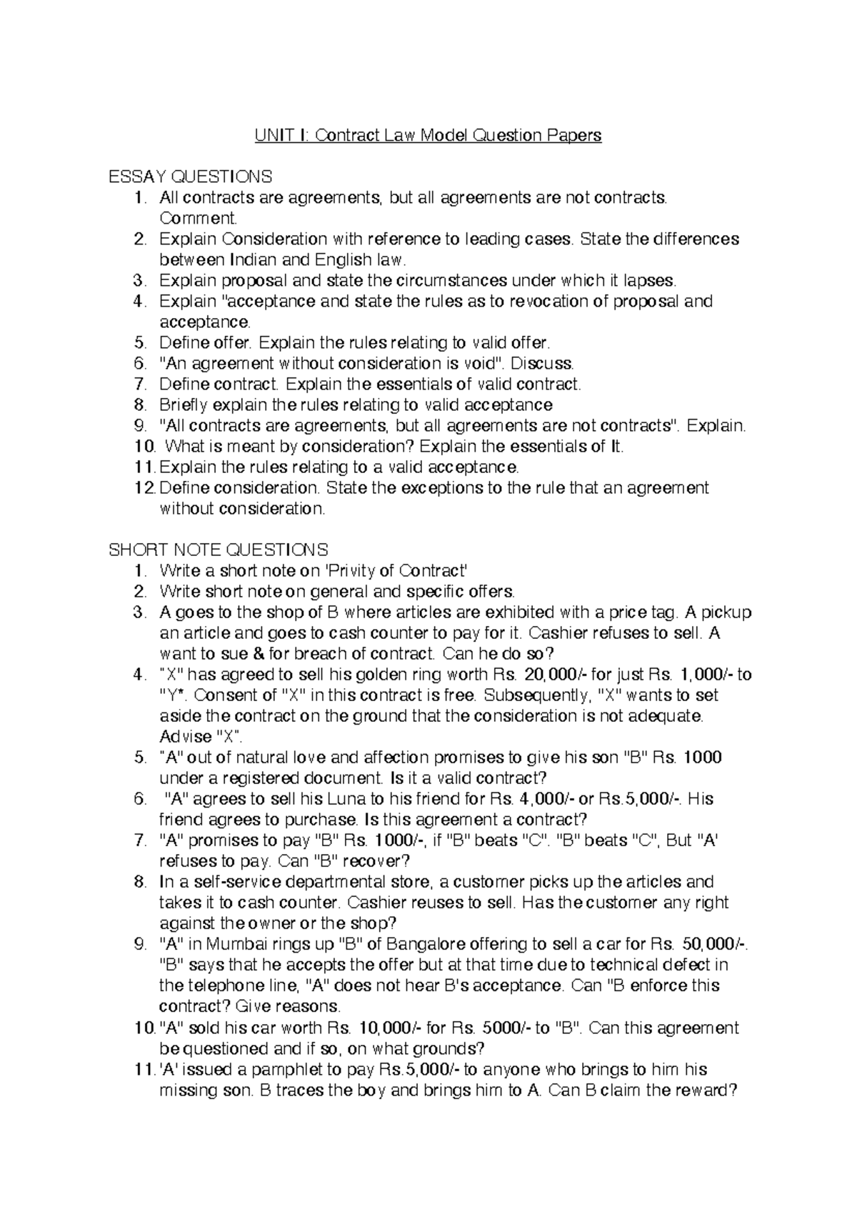 Contract Questions - UNIT I: Contract Law Model Question Papers ESSAY ...