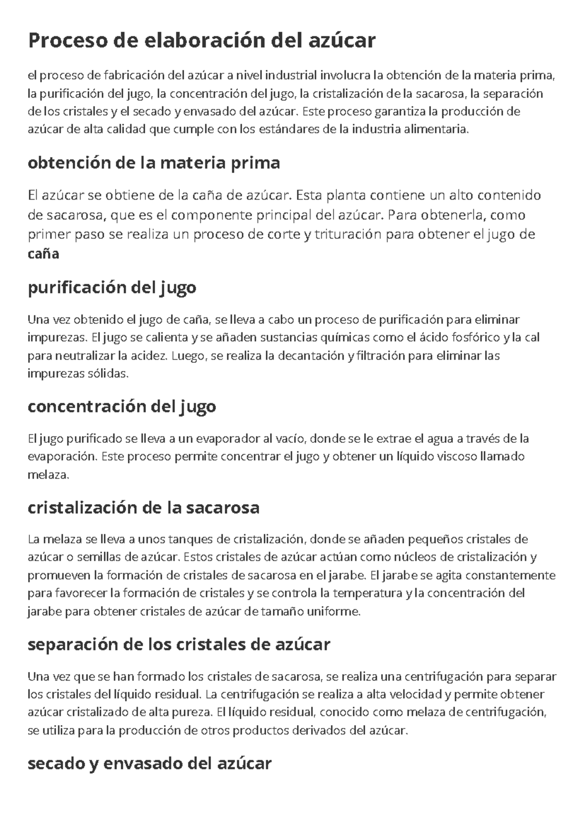 Proceso de Fabricación del Azúcar: Guía Completa - Studocu