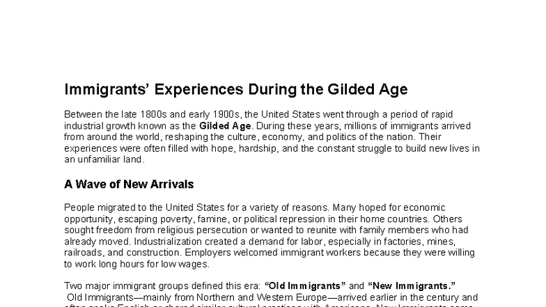 Immigrants' Experiences During the Gilded Age (HIST 101) - Studocu