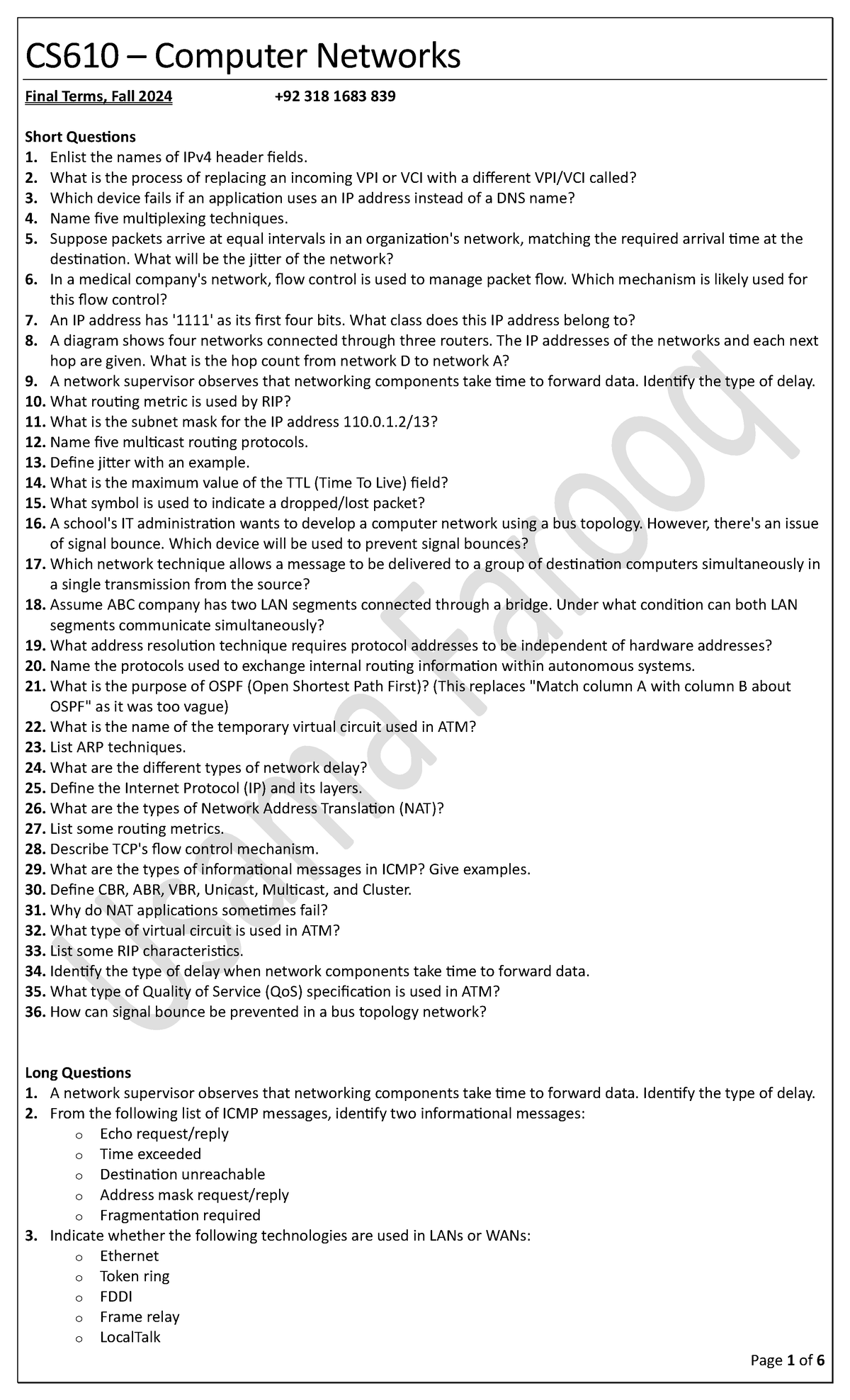 CS610 Computer Networks Final Exam Questions, Fall 2024 - Studocu