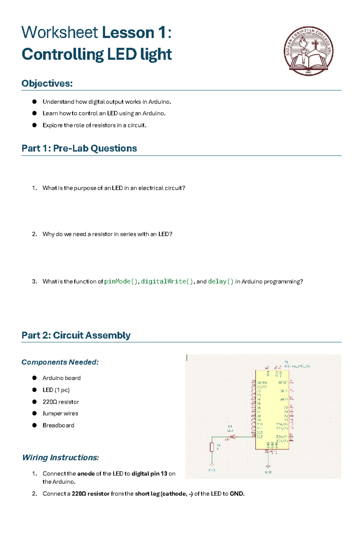 Lesson 1: Controlling LED Light with Arduino - Worksheet - Studocu