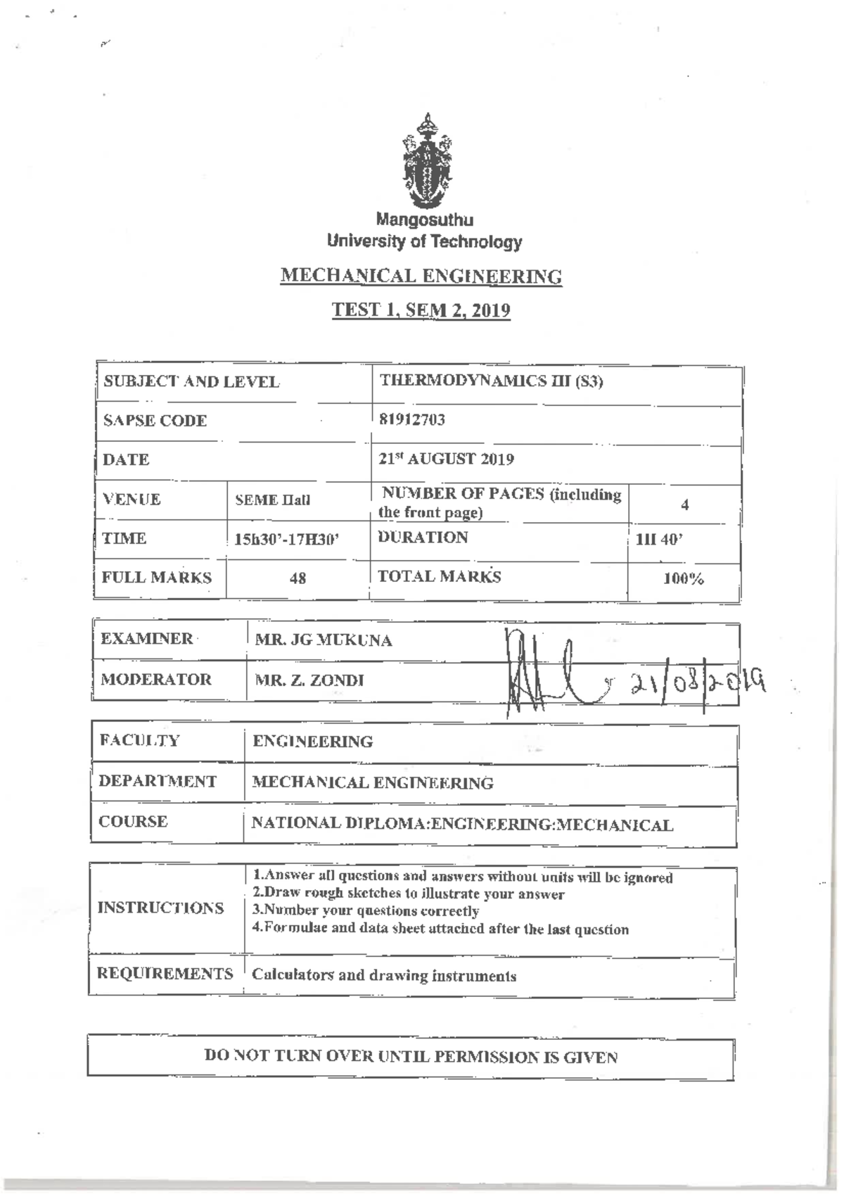 MUT MECHANICAL ENGINEERING THERMODYNAMICS TEST 1, SEM 2, 2019 - Studocu