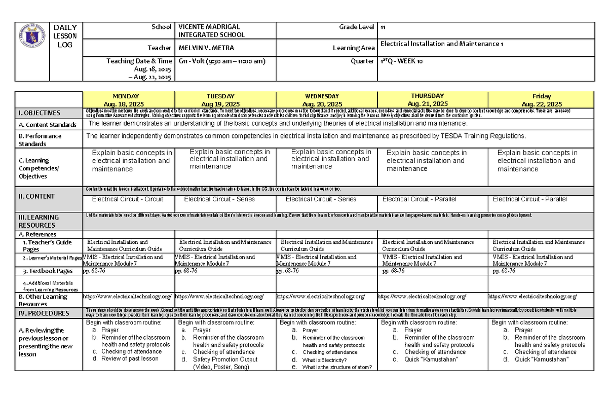 Metra EIM1 Q1 W10 - Daily Lesson Log for Electrical Installation - Studocu