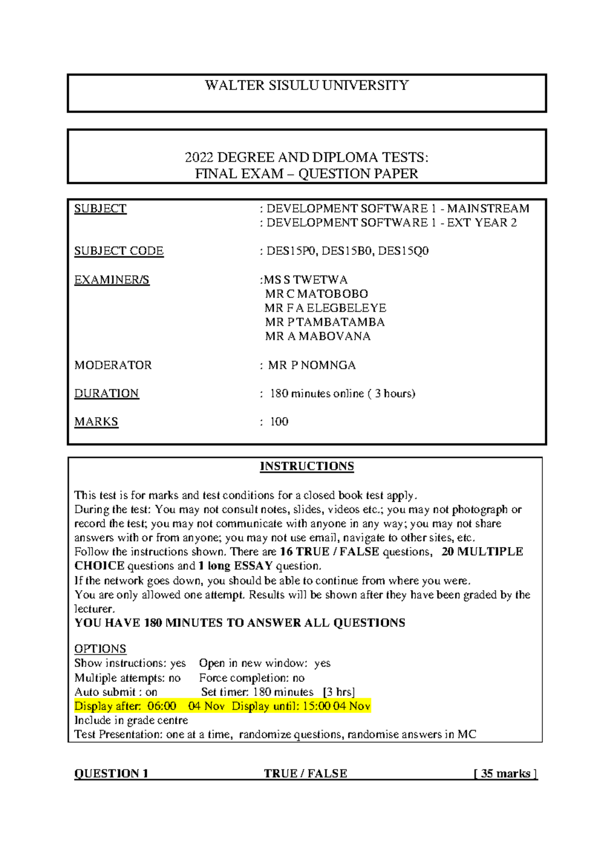 WALTER SISULU UNIVERSITY DEV1 2022 FINAL EXAM QUESTION PAPER - Studocu