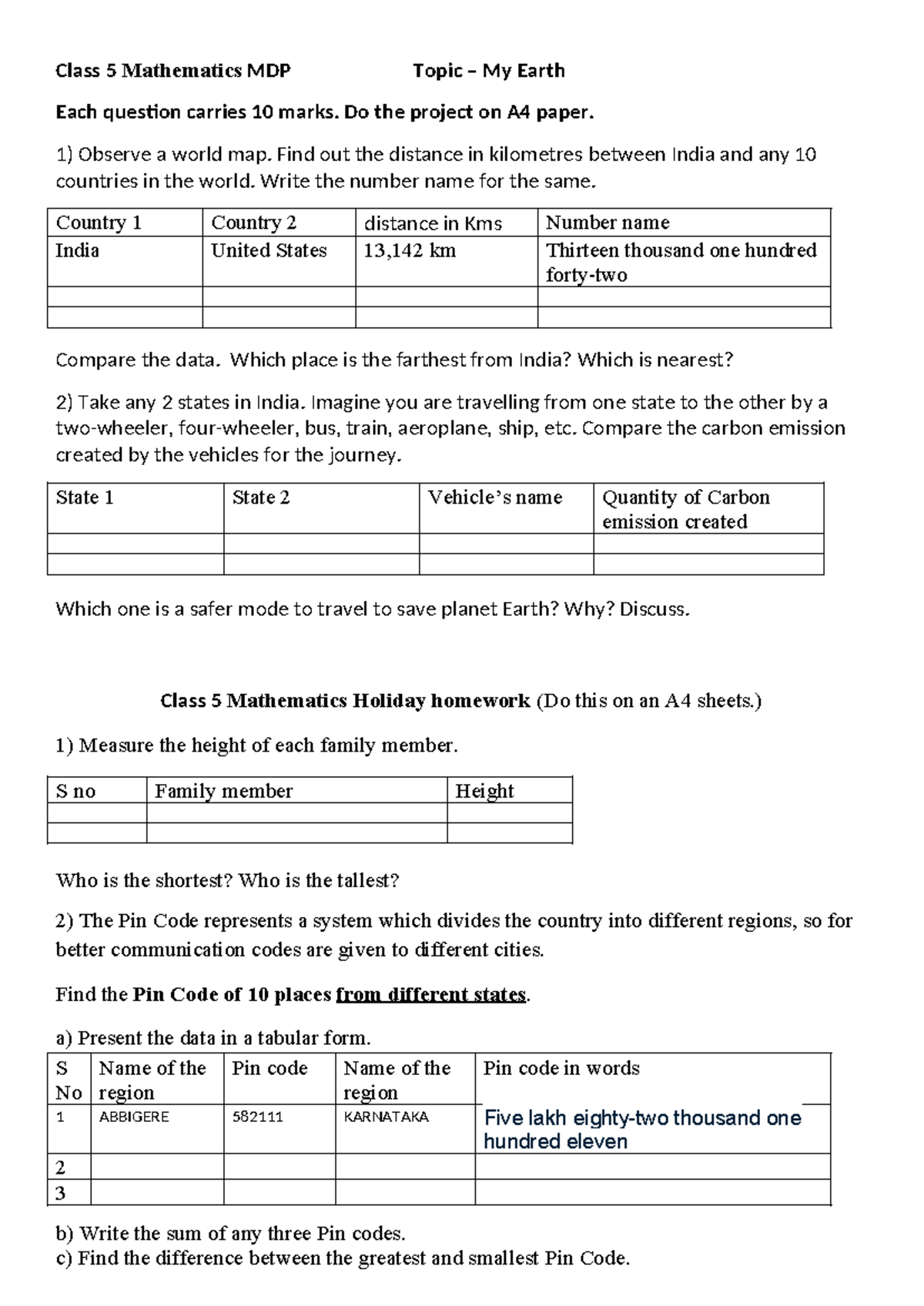 Class 5 Maths MDP & Holiday Homework: My Earth Project Guide - Studocu
