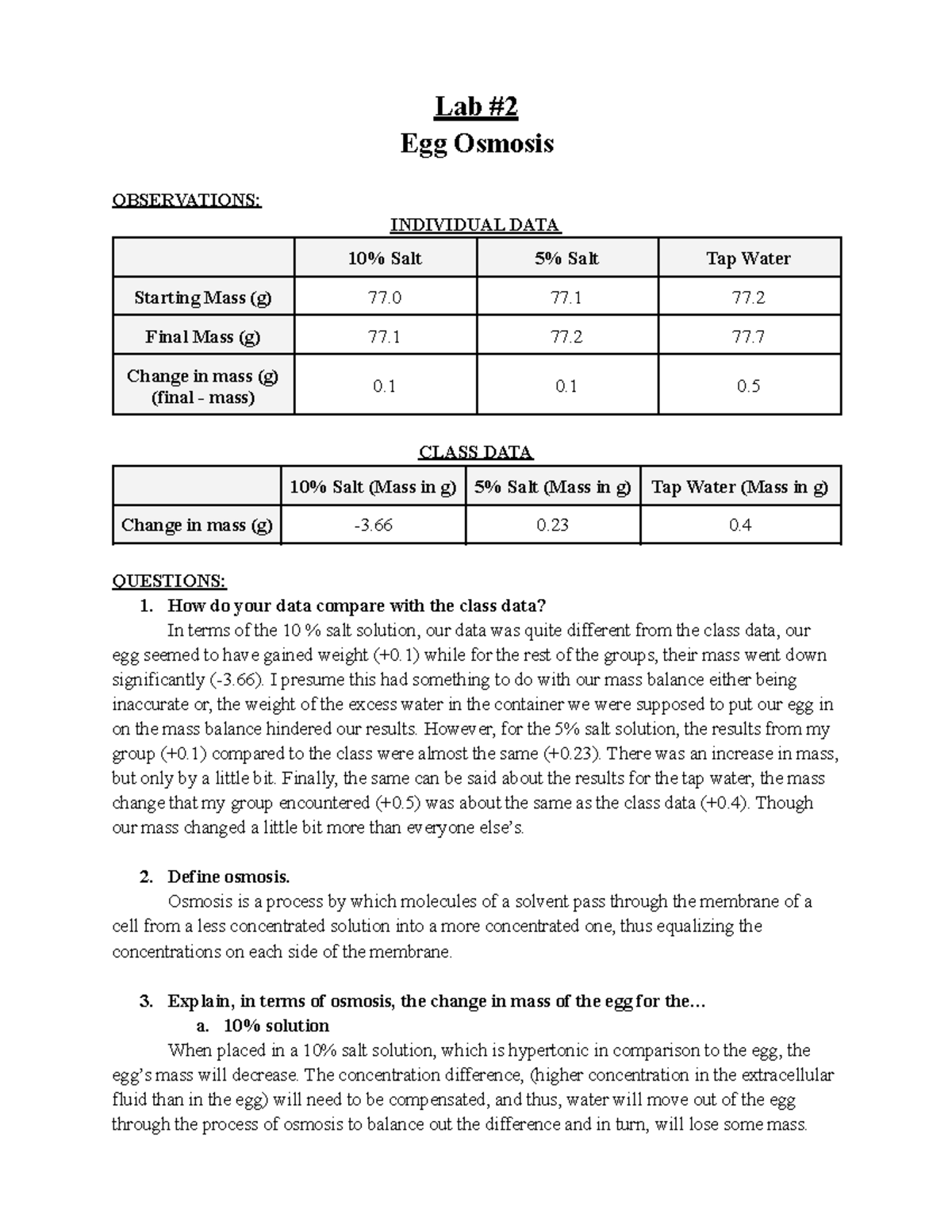 Lab #2 - Egg Osmosis Experiment Analysis and Observations - Studocu