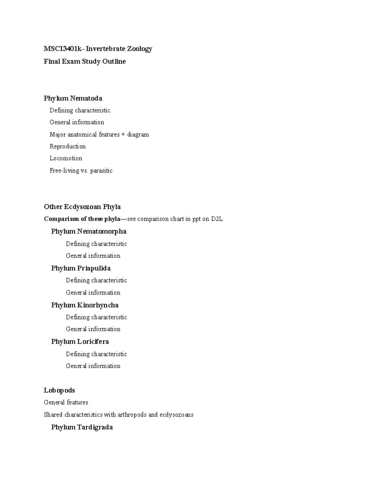 MSCI3401k - Invertebrate Zoology Final Exam Study Outline - MSCI3401k ...