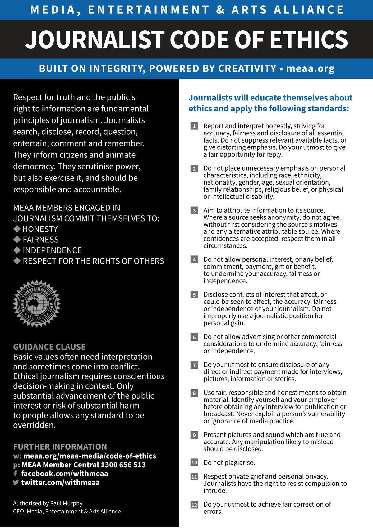 MEAA Journalist Code of Ethics: Integrity & Accountability - Studocu