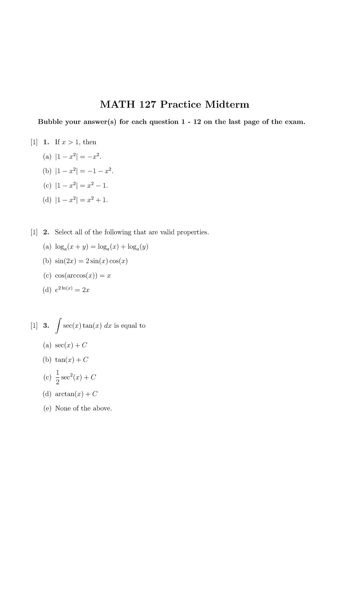 MATH 127 Practice Midterm Exam Review Questions and Answers - Studocu