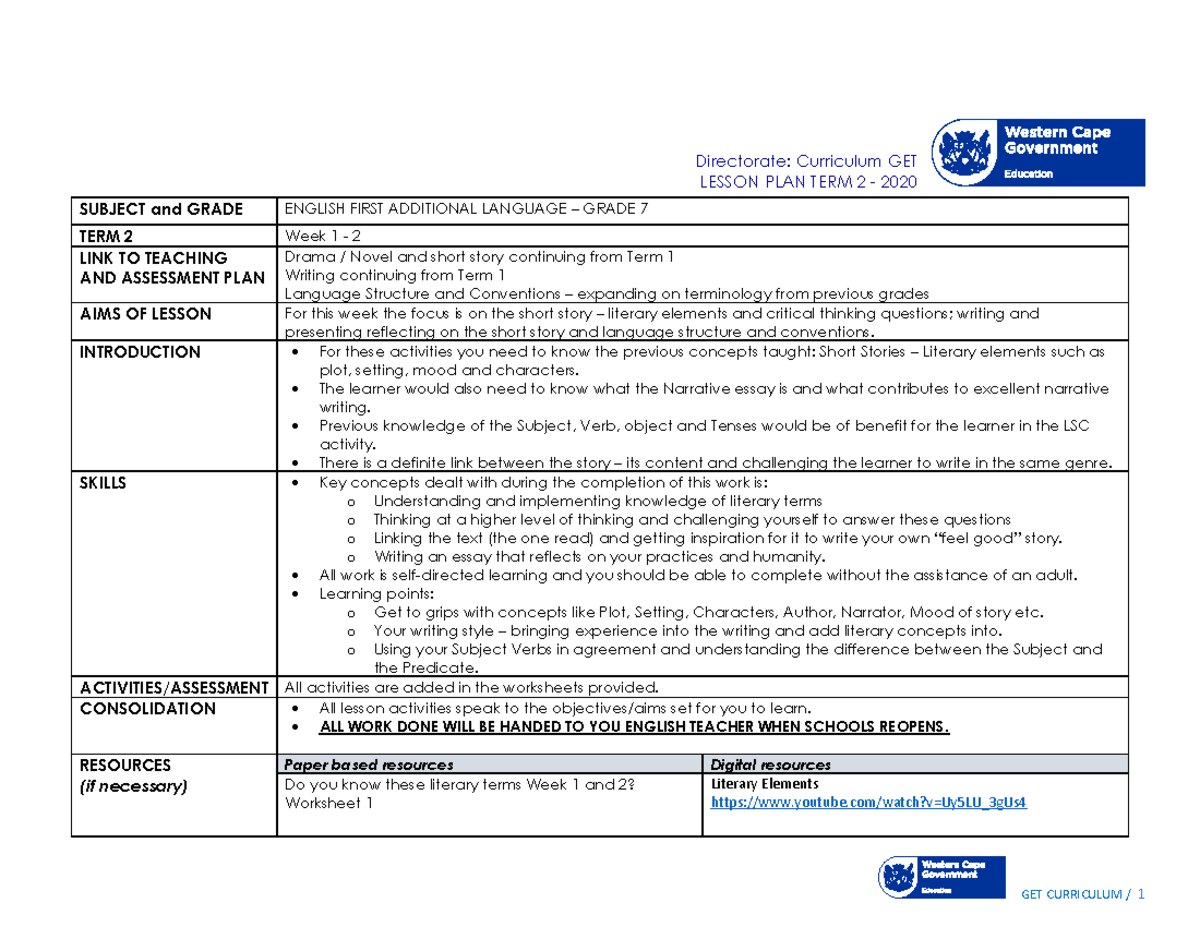 Lesson Plan Grade 7 English FAL Term 2 Week 1 - GET CURRICULUM / 1 ...