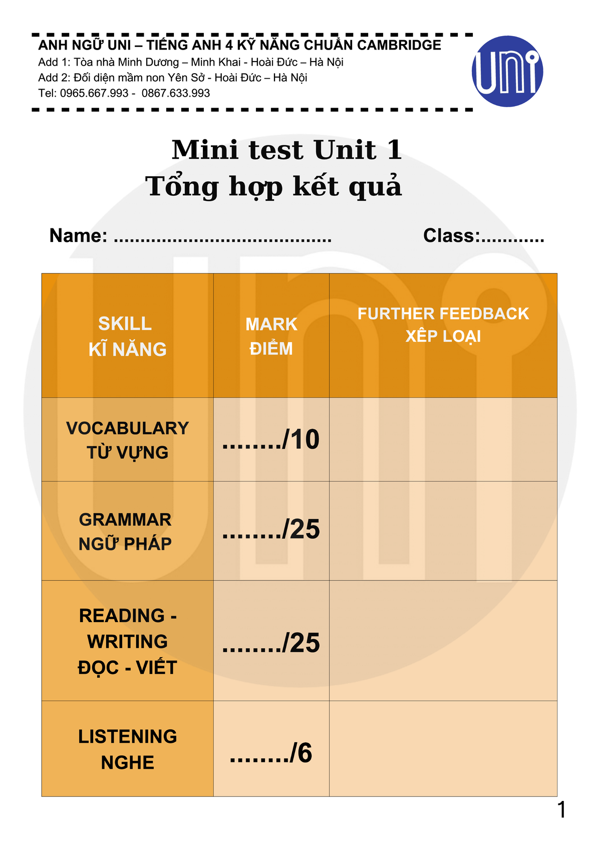 Mini Test Unit 1: ANH UNI TIENG ANH 4 KY NANG CHUAN CAMBRIDGE - Studocu