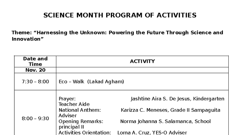 SCI 101: Science Month Program Activities - Theme: The Unknown - Studocu