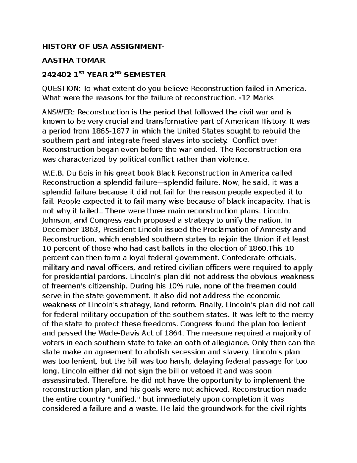 HISTORY OF USA ASSIGNMENT: RECONSTRUCTION FAILURE ANALYSIS (242402 ...