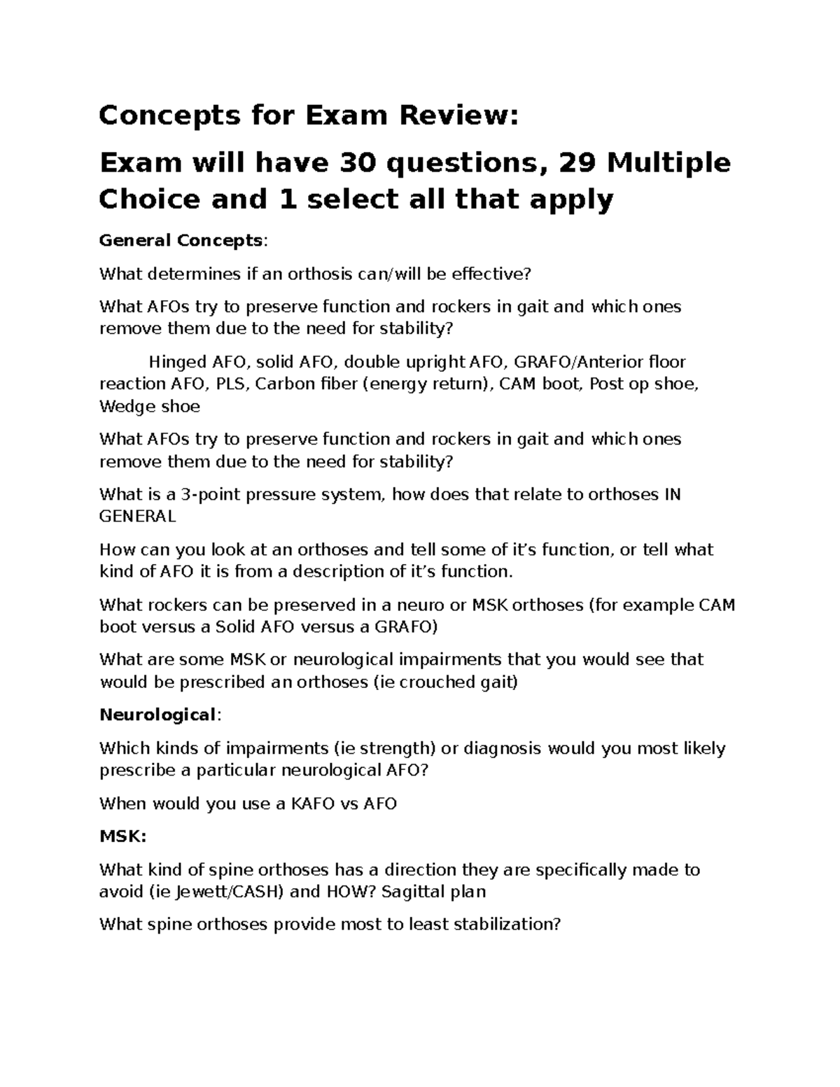 Orthotic Exam Review: Key Concepts & AFO Types (Course Code) - Studocu