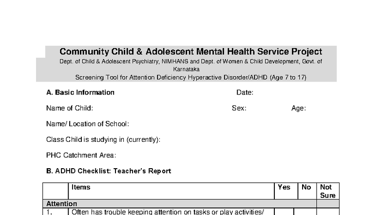 ADHD Screening Tool for Ages 7-17: NIMHANS Project - Studocu