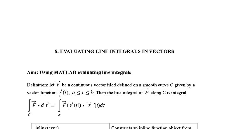 Exp8: Evaluating Line Integrals in Vectors Using MATLAB - Studocu